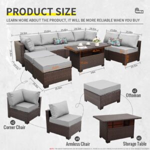 Lviden 9 Pieces Wicker Patio Furniture Set Outdoor PE Rattan Sectional Conversation Sofa Set with Grey Cushions and Storage Table