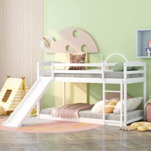 Harper & Bright Designs Bunk Beds Twin Over Twin,Wooden Bunk Bed with Slide, Low Bunk Bed for Kids with Ladder, Floor Bunk Bed Toddler,No Box Spring Needed,White