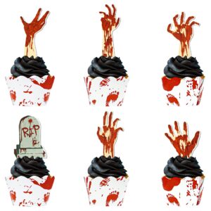 72pcs halloween cupcake toppers supplies 36 pcs zombie hand tombstone cupcake toppers and 36 pcs horror red handprint cupcake wrapper for halloween party zombie theme party