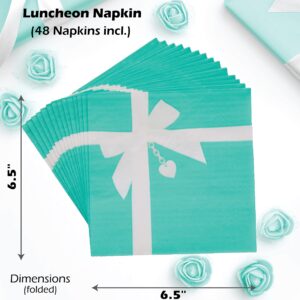 Havercamp Iconic Blue Box Napkins (48 Pack) Disposable Highly Absorbent Luncheon Napkins, Heart-Shaped Locket Detail, Tiffanesque Party Supplies, Turquoise Blue Napkins For Party (Robins Egg Blue)