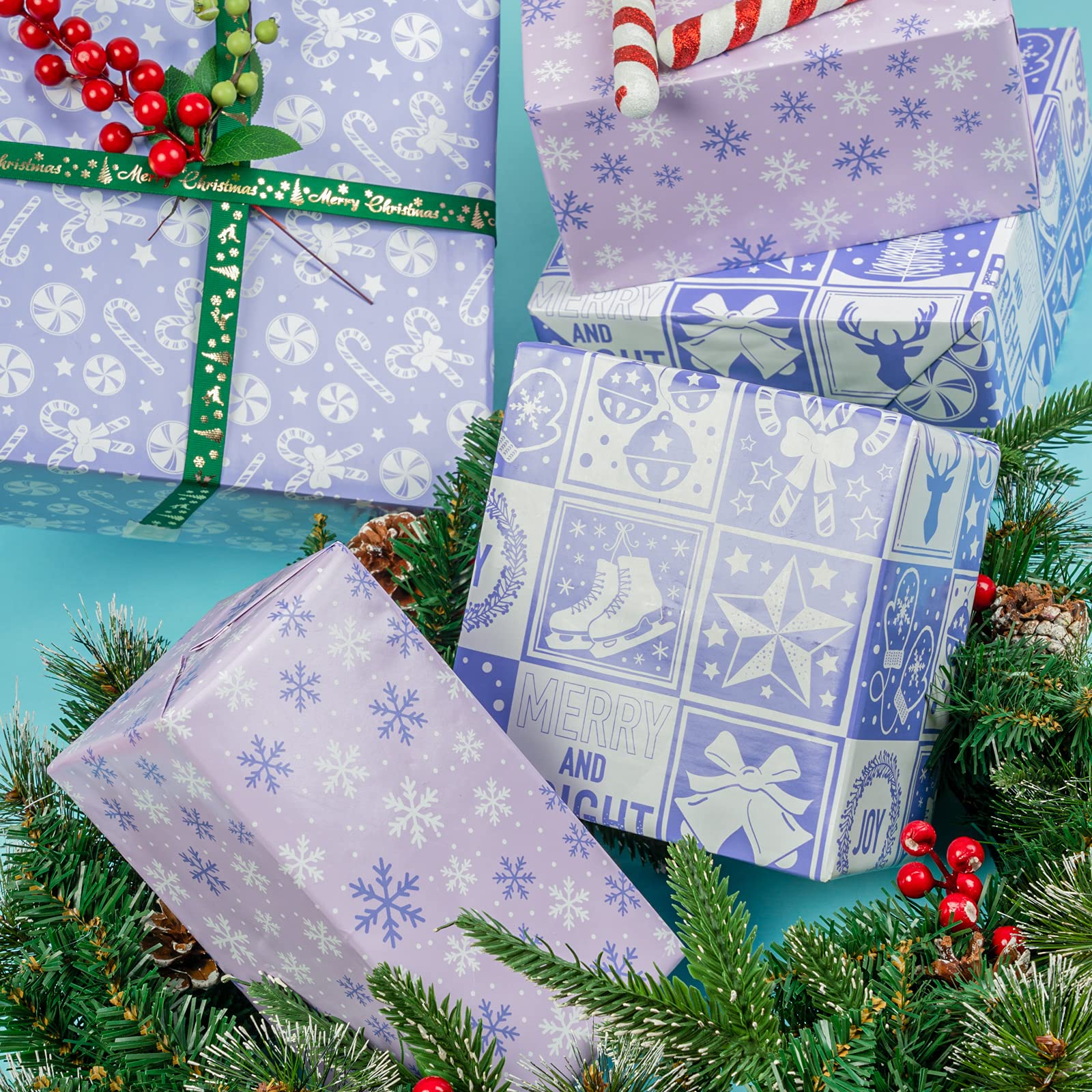 LeZakaa Christmas Wrapping Paper Mini Roll - Bell & Tree/Candy Canes/Snowflakes Design in Light Purple for Gift Wrap, Arts Crafts - 17 x 120 inches - 3 Rolls (42.5 sq.ft.ttl.)