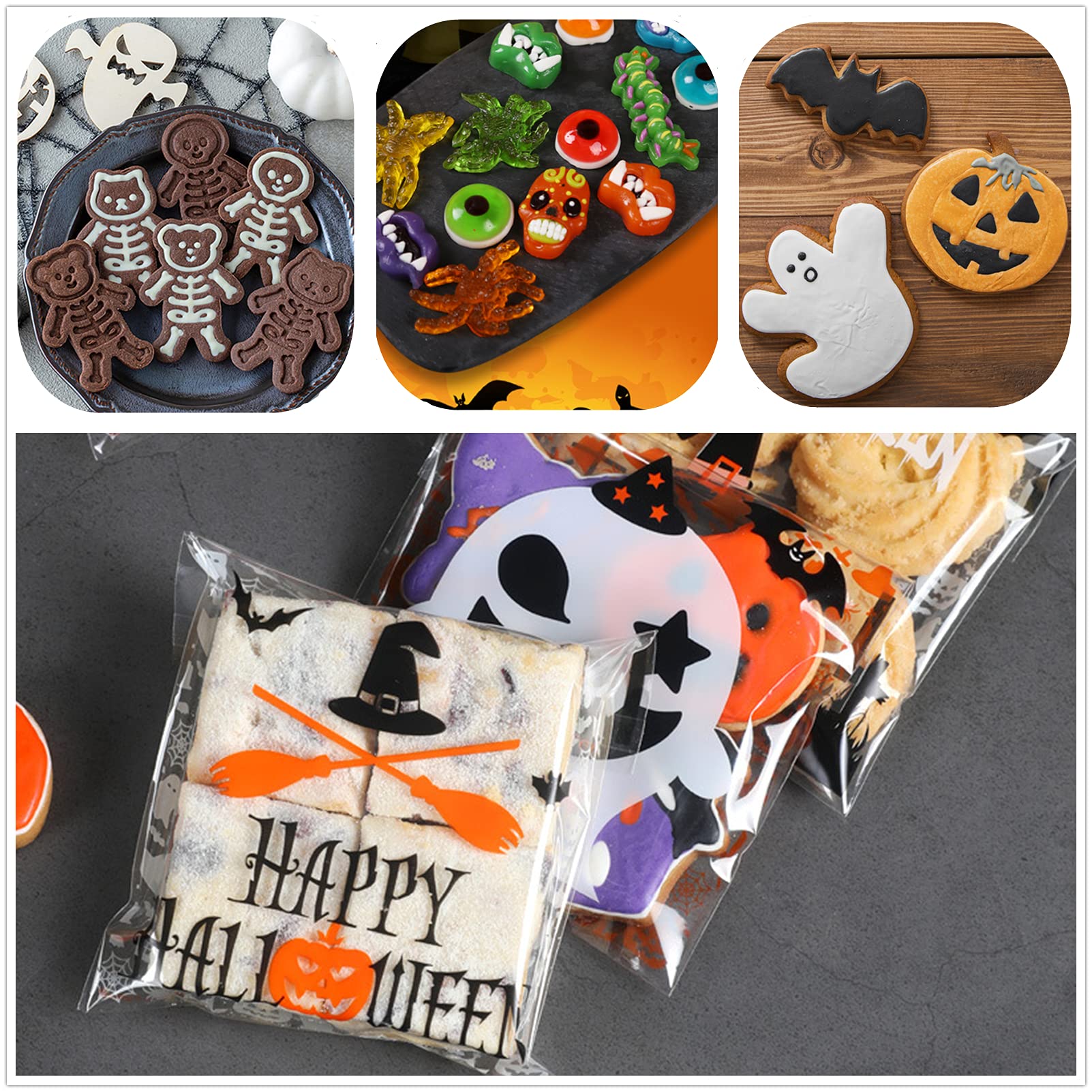 NB 400 Pcs Halloween Candy Bags, Self Adhesive Trick or Treat Cookie Bags for Party Gift Supplies, Cellophane Halloween Goodie Bags (12 oz,8 Styles)