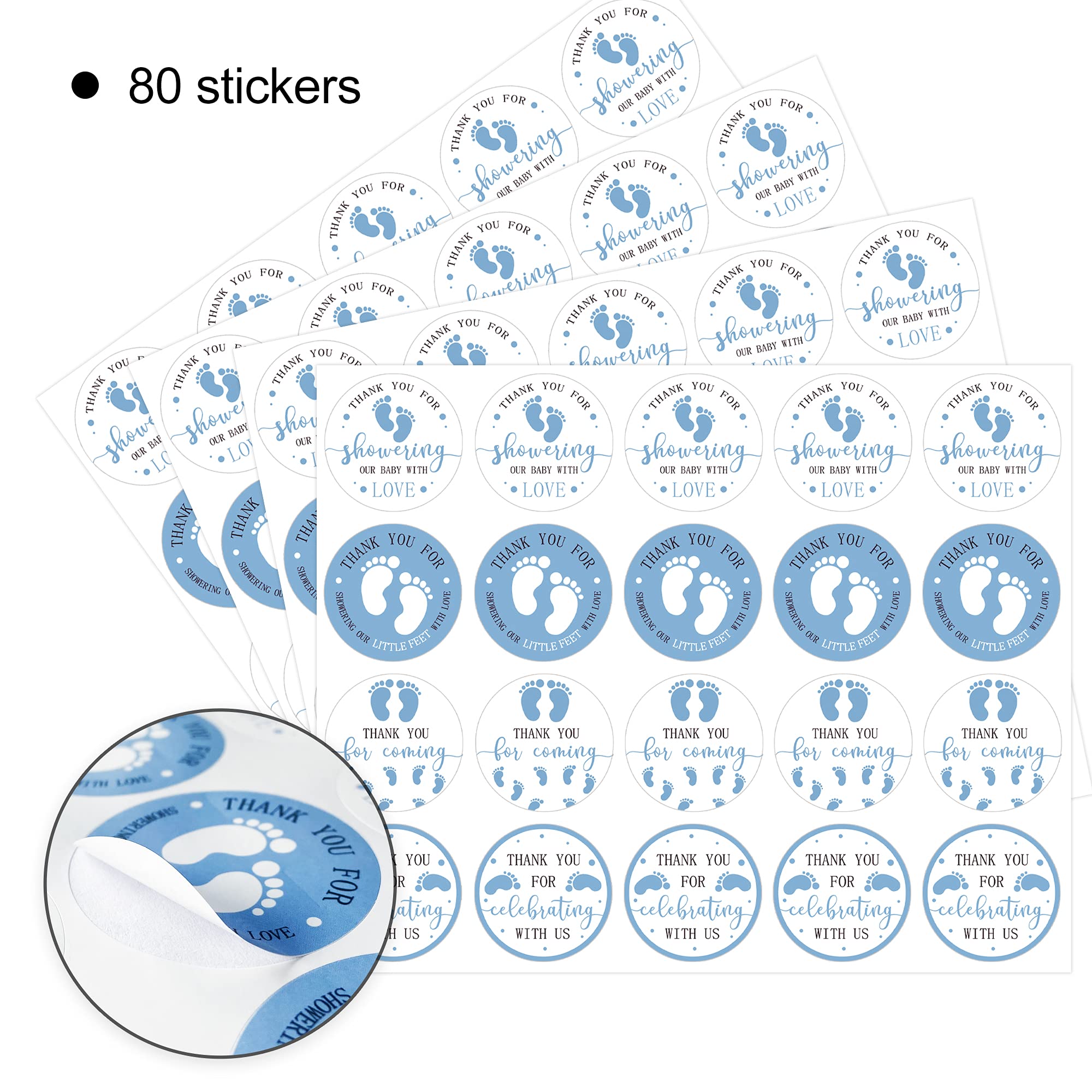 80 Thank You Baby Shower Stickers, Thank You Stickers Baby Shower Boy, Blue Feet Baby Shower Stickers, Footprint Theme Baby Shower Favor Thank You Labels(2 Inch)