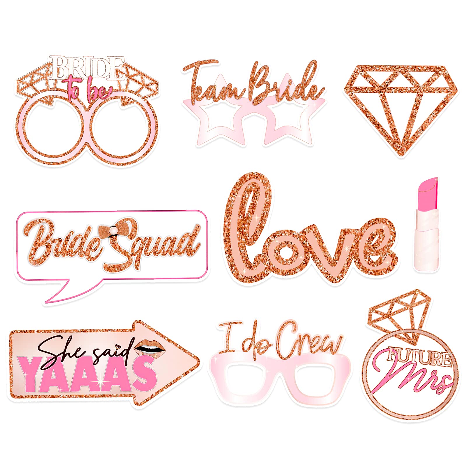 Qpout Bridal Shower Photo Booth Props Kit(21 Count), Rose Gold Wedding Hen Party Funny Selfie Props, Bride to Be Night Party Photo Props Decoration Accessories, with Bamboo Sticks& Stickers