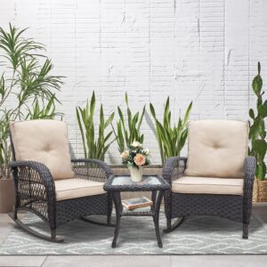 ATR ART TO REAL Outdoor Bistro Rocking Chair Set of 3 Pieces, Outdoor Resin Wicker Rocking Patio Chair, Outdoor Rocking Chairs with Cushions, Outdoor Rattan Conversation Sets