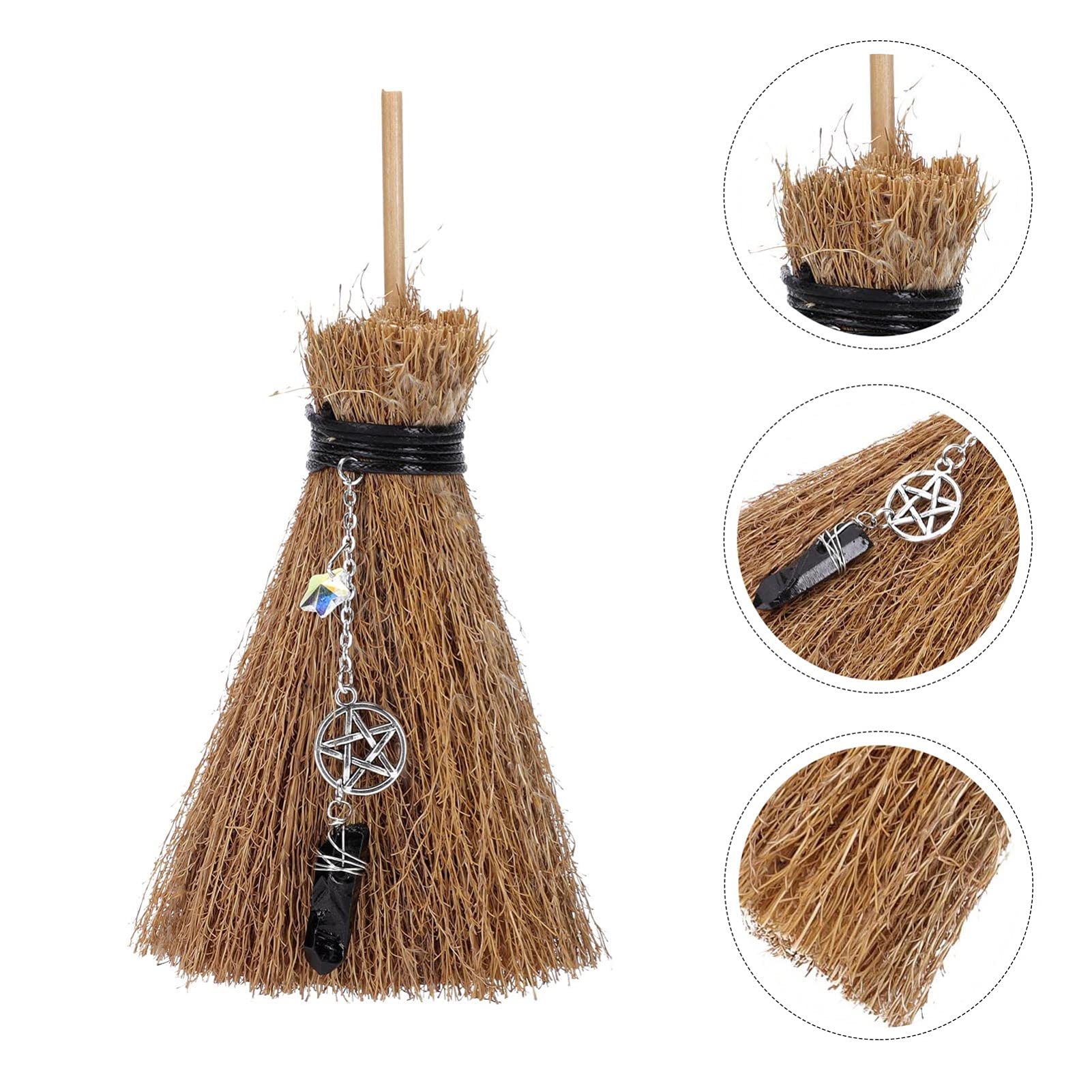 PRETYZOOM Mini Halloween Brooms Mini Witch Broom Crystal Witch Broom Wiccan Altar Broom Pendant Home Halloween Decor Khaki