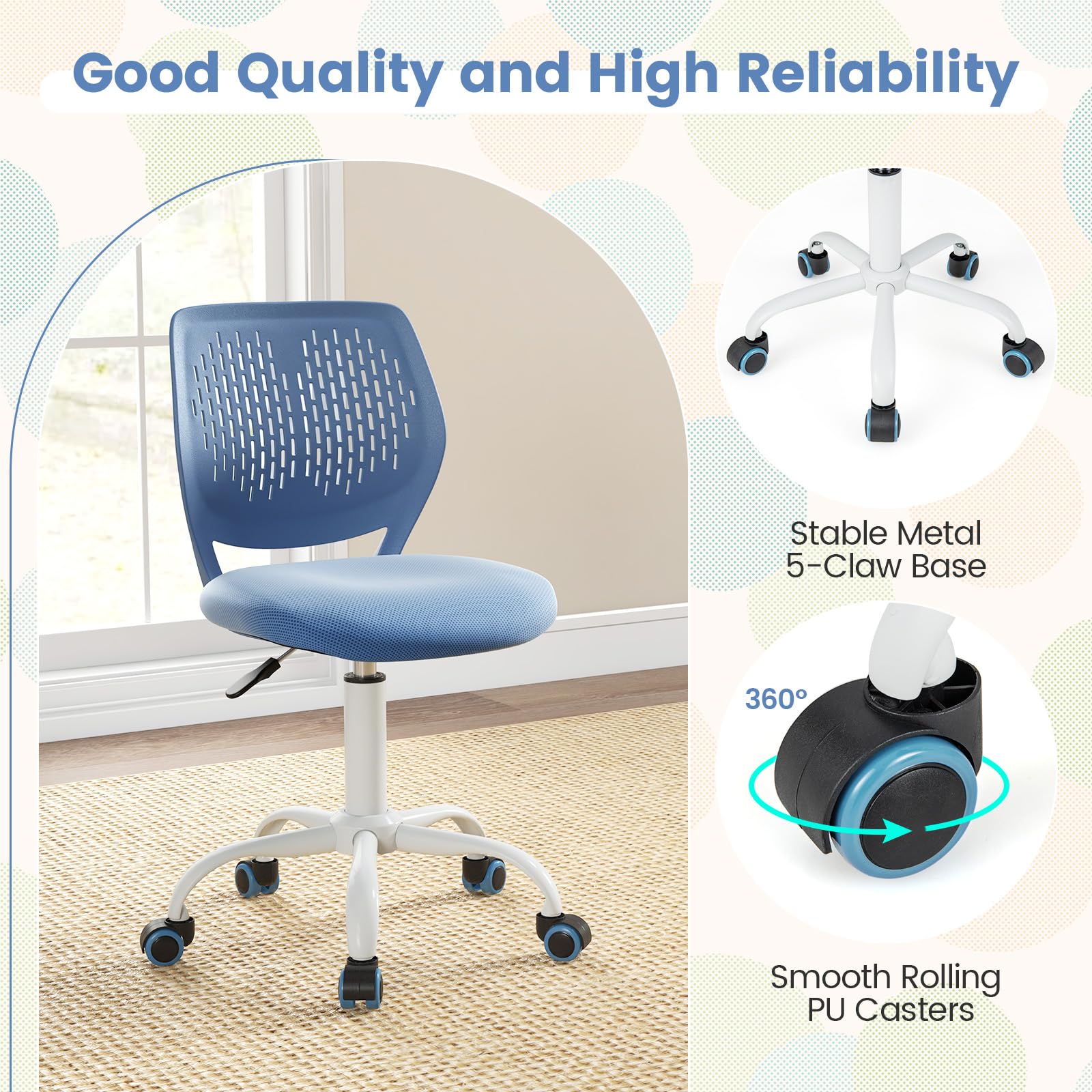 POWERSTONE Small Desk Chair Home Office Computer Chair Armless Task Chair Adjustable Swivel Rolling Chair with Low Back for Small Space Blue