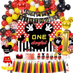 fvabo mickey 1st birthday party supplies include backdrop, balloons garland arch, welcome hanger, banner, crown, tablecloth, cake topper, tassels, mickey theme mouse baby shower party decorations