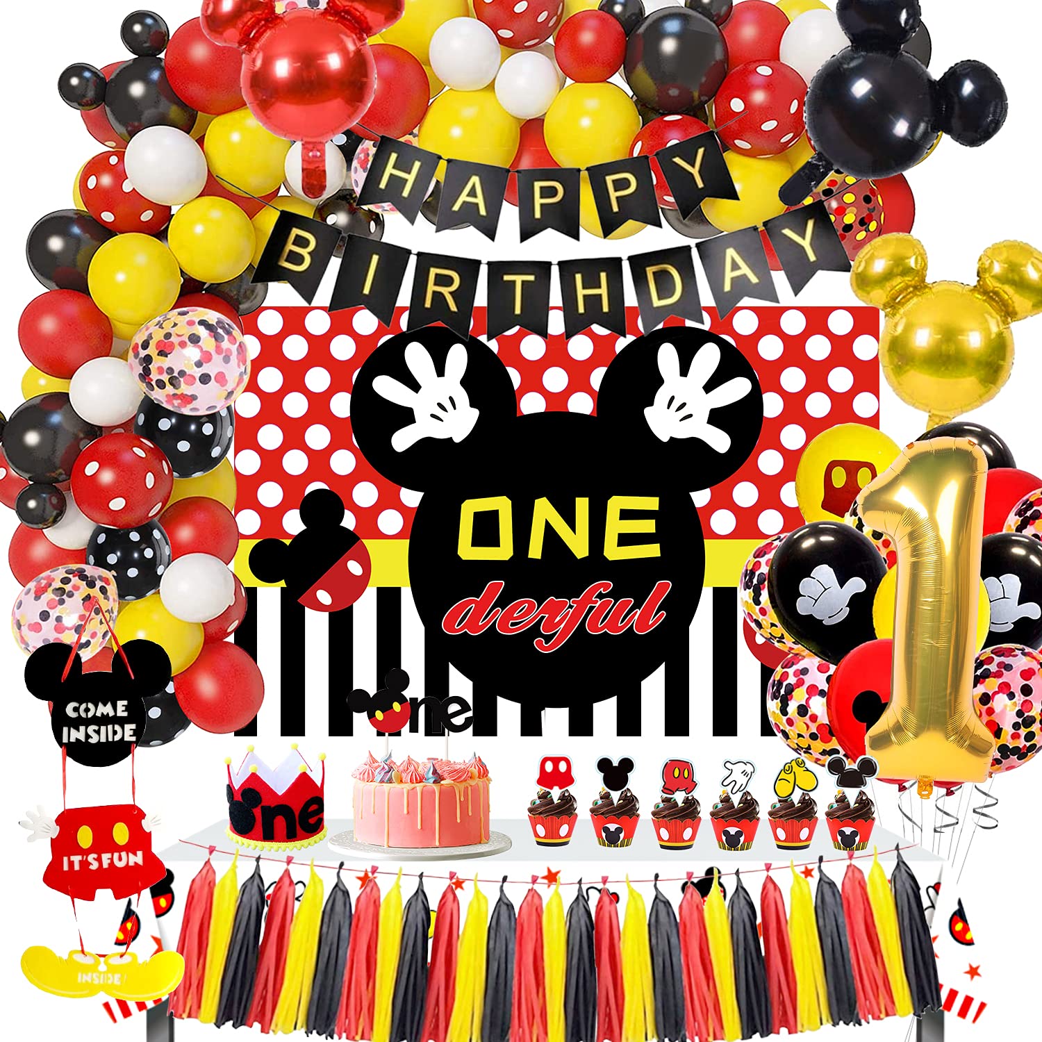 FVABO Mickey 1st Birthday Party Supplies Include Backdrop, Balloons Garland Arch, Welcome Hanger, Banner, Crown, Tablecloth, Cake Topper, Tassels, Mickey Theme Mouse Baby Shower Party Decorations