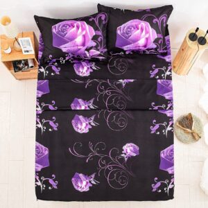 3D Purple Rose Duvet Cover Sheet Set Queen, Reversible Purple Rose Pattern Printed Bedding Comforter Cover with Zipper Closure, 7 Pieces Bundle Soft Microfiber Bedding Duvet Cover Sheets Set 90"x90"