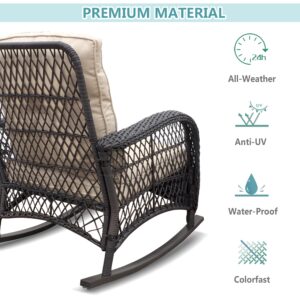 ATR ART TO REAL Outdoor Bistro Rocking Chair Set of 3 Pieces, Outdoor Resin Wicker Rocking Patio Chair, Outdoor Rocking Chairs with Cushions, Outdoor Rattan Conversation Sets