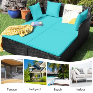 Salches Outdoor Rattan Daybed, Patio Loveseat Sofa Set w/Comfortable Cushions Extra Pillows & Metal Foot, Sunbed Wicker Furniture for Yard/Poolside/Living Room/Garden/Porch, 1, Turquoise