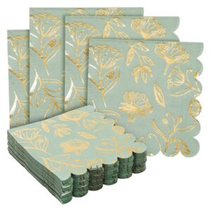 sparkle and bash 50-pack green paper napkins with gold foil floral design and scalloped edges, green flower napkins for weddings, baby showers, bridal showers, and garden parties (3-ply, 5 x 5 in)