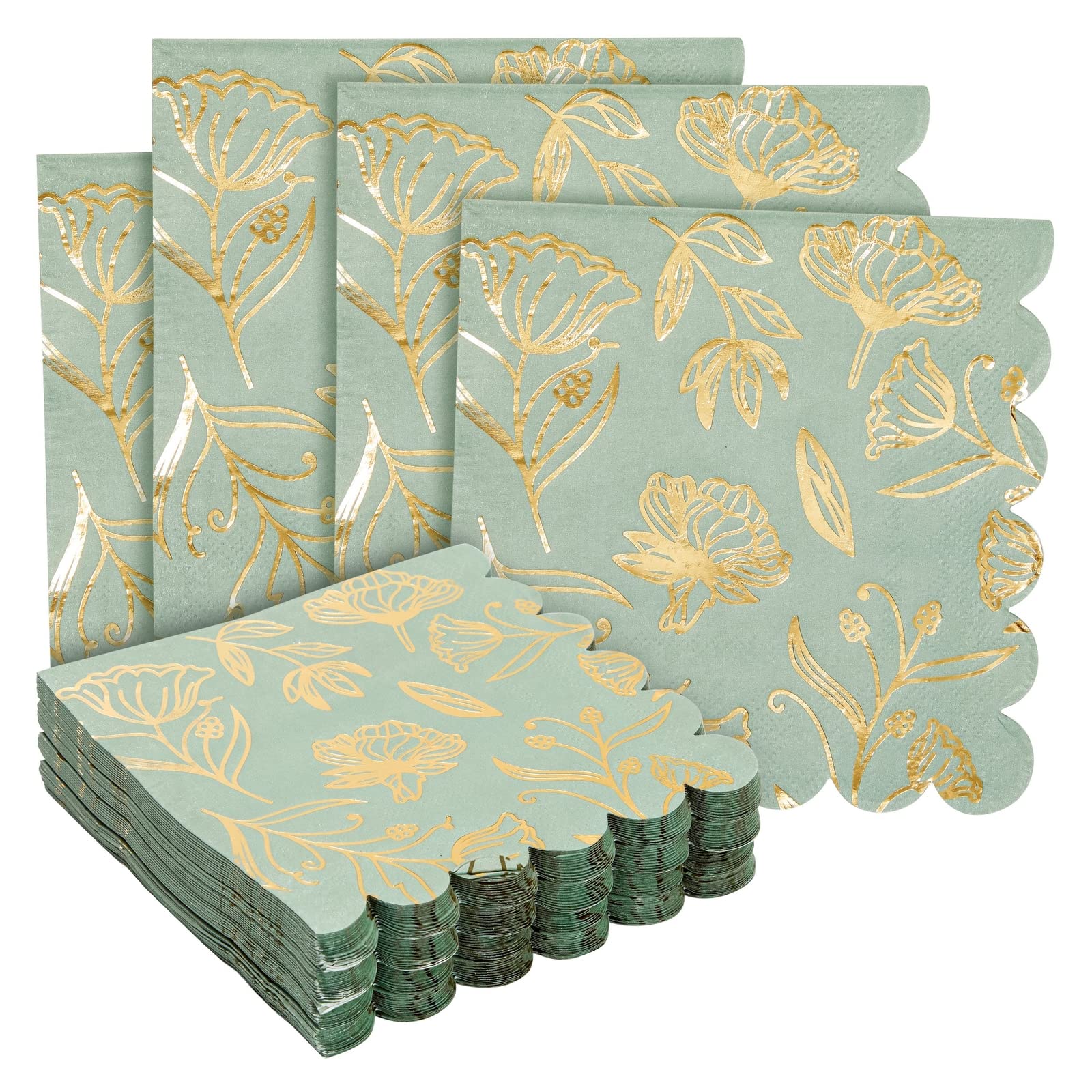 Sparkle and Bash 50-Pack Green Paper Napkins with Gold Foil Floral Design and Scalloped Edges, Green Flower Napkins for Weddings, Baby Showers, Bridal Showers, and Garden Parties (3-Ply, 5 x 5 in)