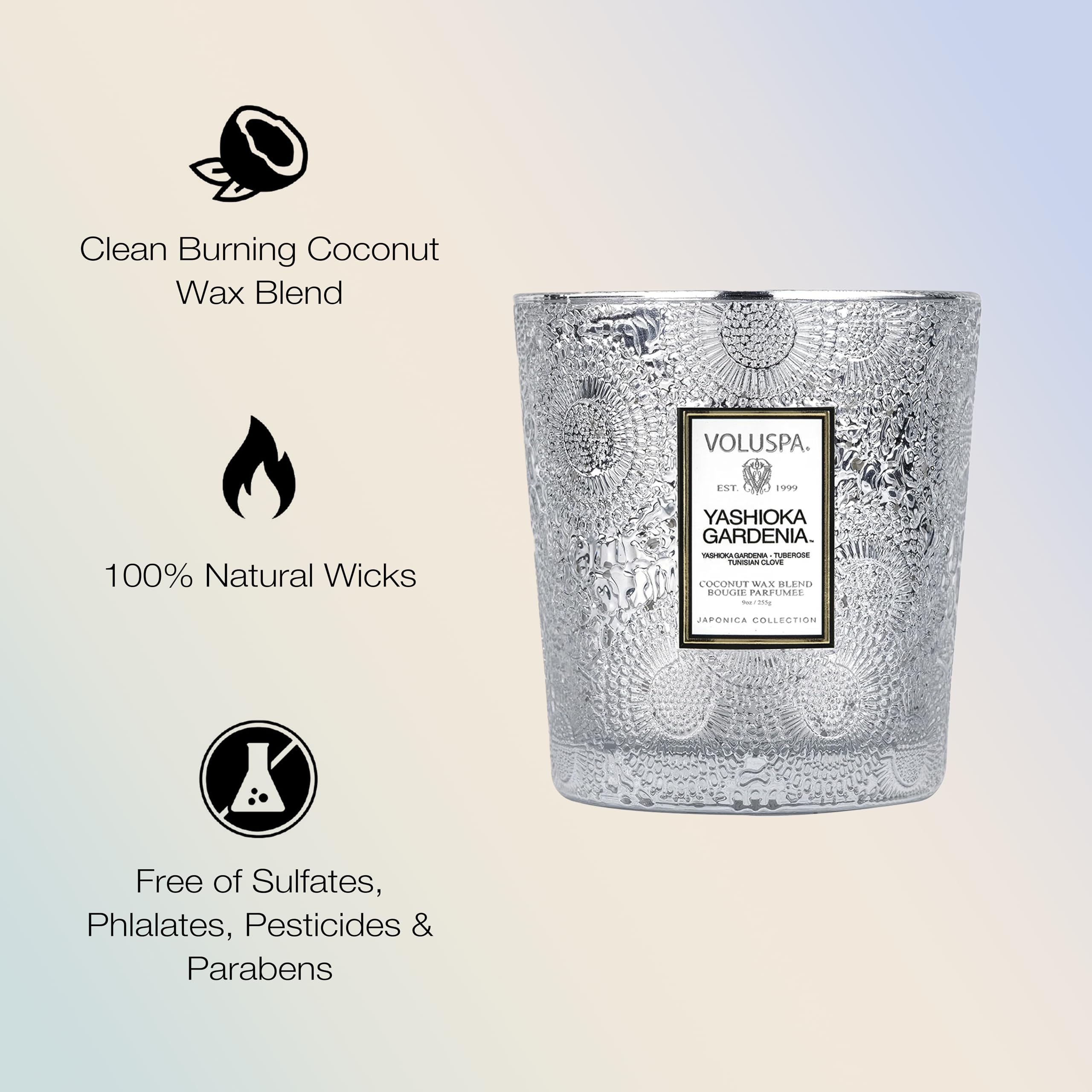 Voluspa Yashioka Gardenia, Classic Boxed Candle, 9 Ounce, 60 Hour Burn Time, All Natural Wicks and Coconut Wax for Clean Burning, Vegan, Poured in The USA