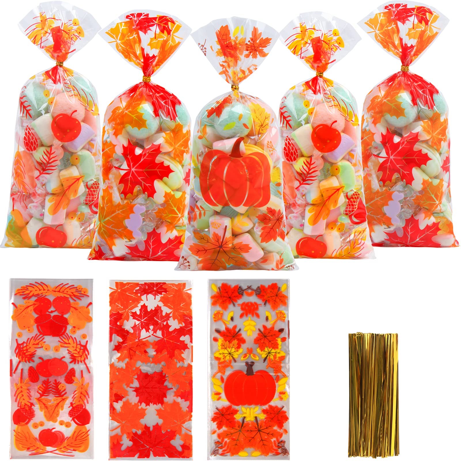 DERAYEE 120 Pieces Fall Cellophane Treat Bags, Fall Gift Bags Goodie Bags of Fall leaves for Kids Autumn Party Favor Supplies