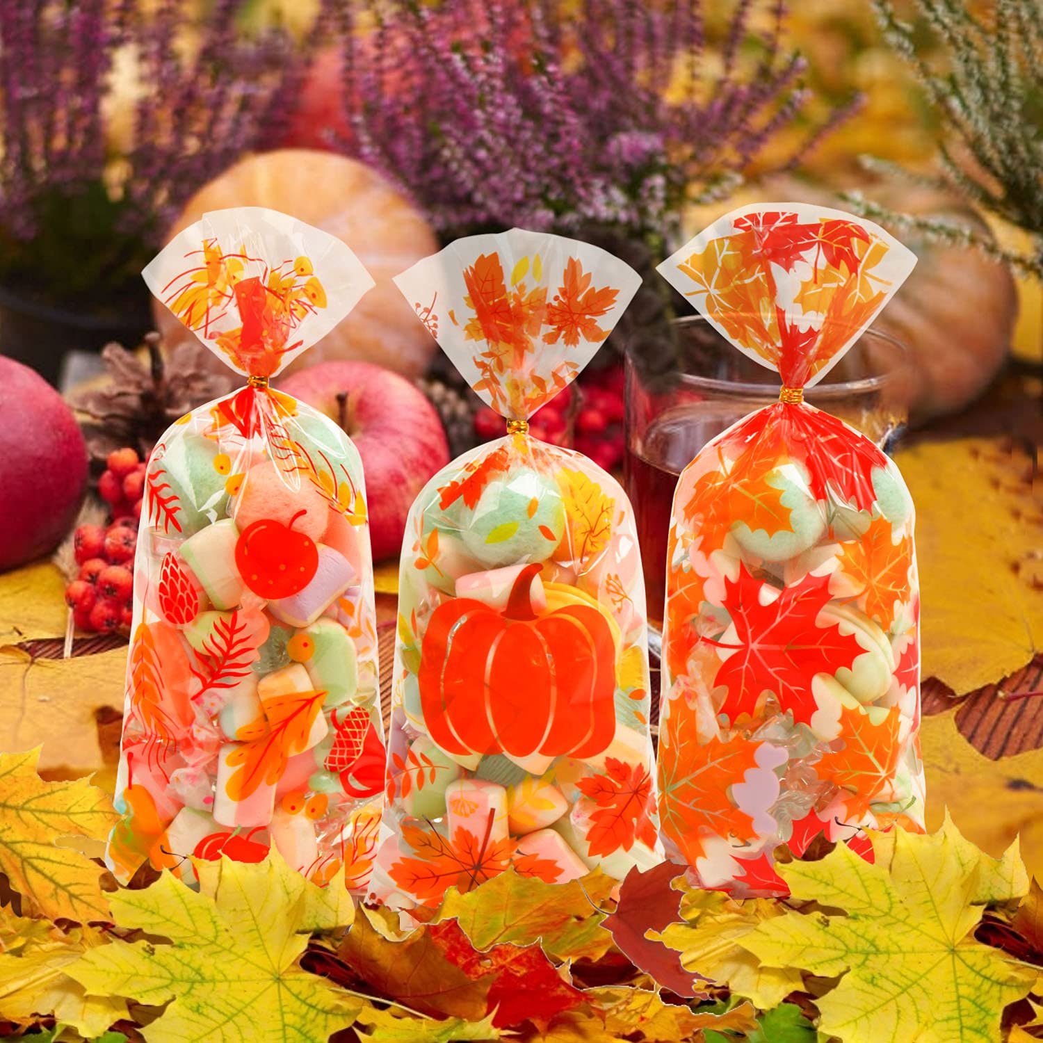 DIYASY Fall Cellophane Treat Bags,120 Pcs Autumn Maple Leaves Pumpkin Candy Bags with Twist Ties for Thanksgiving Party Favor and Holiday Goodies Wrapping