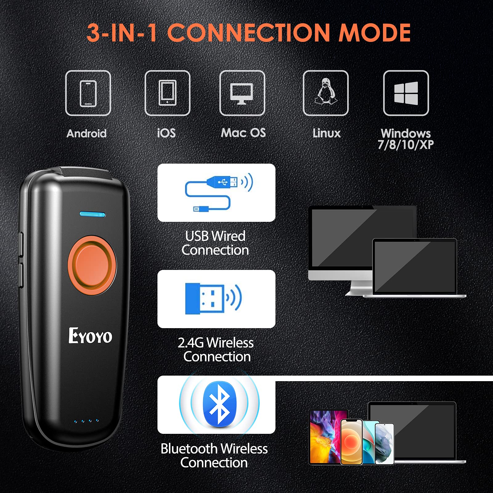 Eyoyo 1D Linear Wireless Barcode Scanner Bluetooth,Fast&Accurate Scanning,Volume Adjust Button,Battery Level Indicator,Mini Portable Pocket Inventory Bar Codes Reader for Computer, Android, iOS Phones