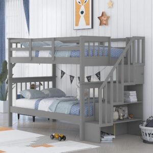 harper & bright designs bunk beds twin over twin with stairs, wood bunk bed frame with storage and guard rail,twin bunk beds for kids, bedroom, dorm, teens, adults,grey