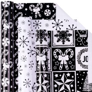 lezakaa christmas wrapping paper mini roll - bell & tree/candy canes/snowflakes in black & white for gift wrap, arts crafts - 17 x 120 inches - 3 rolls (42.5 sq.ft.ttl.)