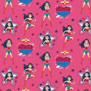 dc comics fabric young dc wonder woman take a stand in pink premium quality 100% cotton fabric by the yard