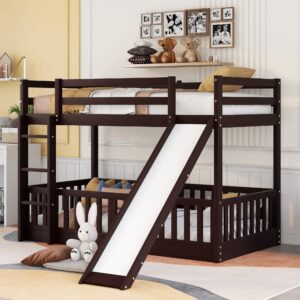 floor bunk bed with slide, twin over twin bunk bed for kids toddlers, wood low beds frame with ladder for boys girls teens, espresso