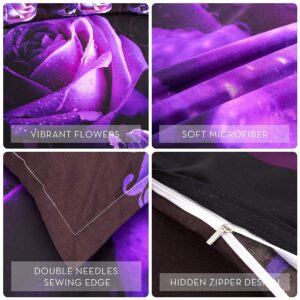 3D Purple Rose Duvet Cover Sheet Set Queen, Reversible Purple Rose Pattern Printed Bedding Comforter Cover with Zipper Closure, 7 Pieces Bundle Soft Microfiber Bedding Duvet Cover Sheets Set 90"x90"