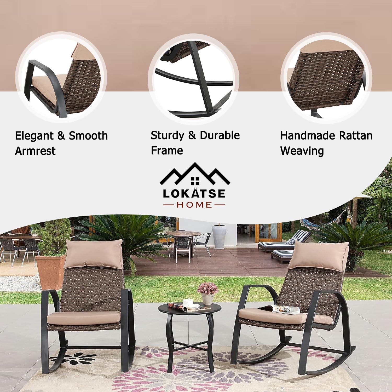 LOKATSE HOME 3 Pieces Outdoor Bistro Set Patio Wicker Furniture Rattan Rocking Chairs with Cushion & Coffee Table, Khaki