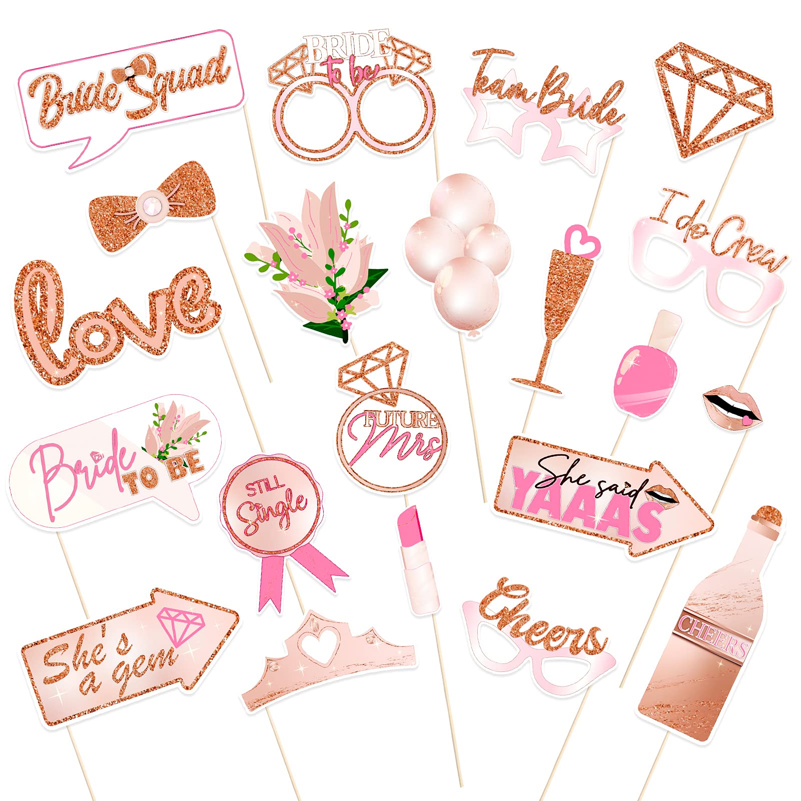 Qpout Bridal Shower Photo Booth Props Kit(21 Count), Rose Gold Wedding Hen Party Funny Selfie Props, Bride to Be Night Party Photo Props Decoration Accessories, with Bamboo Sticks& Stickers