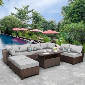 lviden 9 pieces wicker patio furniture set outdoor pe rattan sectional conversation sofa set with grey cushions and storage table