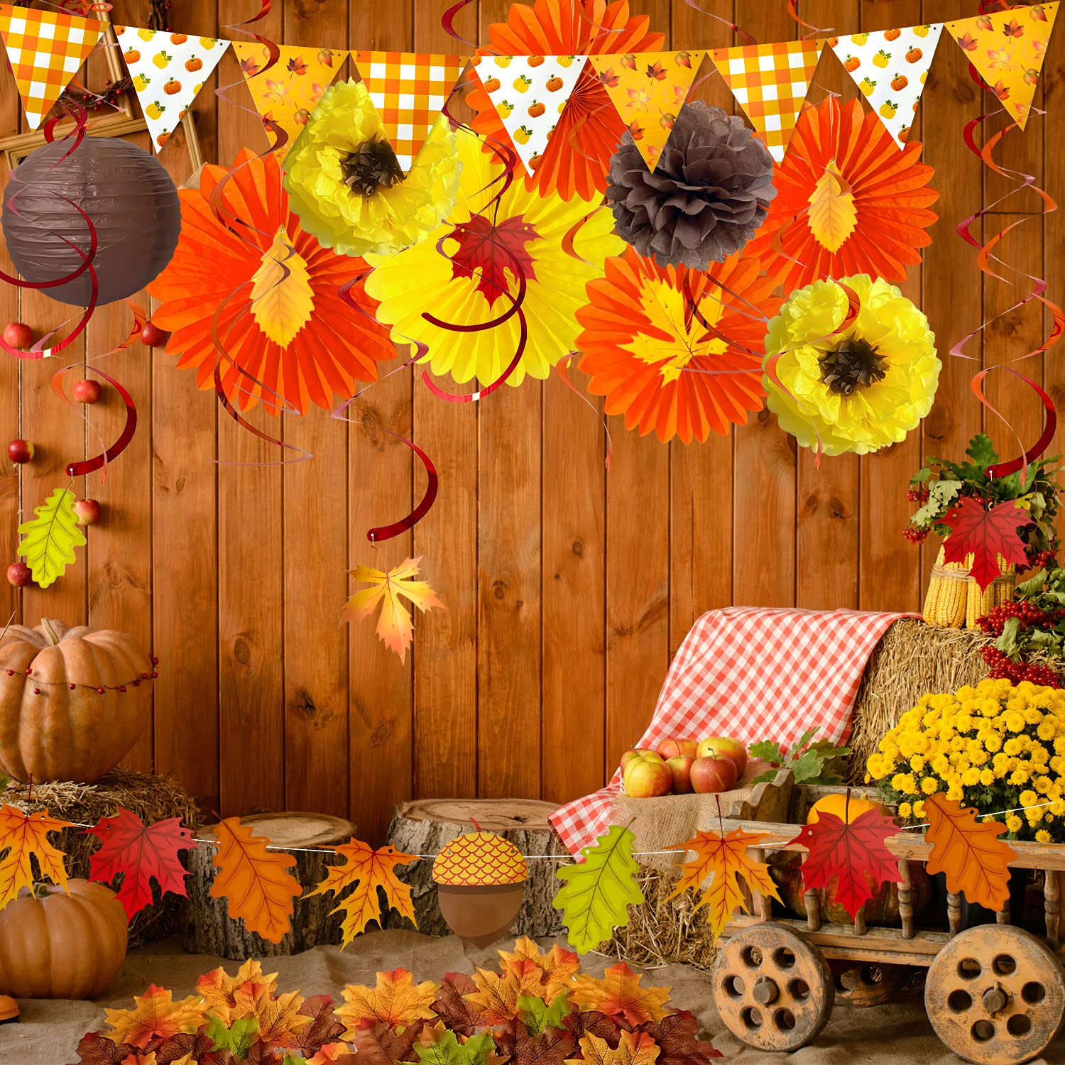 Mauts-inus Fall Thanksgiving Party Decorations -Orange Autumn Hanging Paper Fans Pom Poms Maple Leaves Party Swirls Streamers Lanterns Garlands Fall Banner for Thanksgiving Wedding Birthday