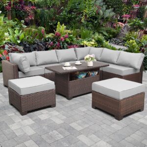 Lviden 9 Pieces Wicker Patio Furniture Set Outdoor PE Rattan Sectional Conversation Sofa Set with Grey Cushions and Storage Table