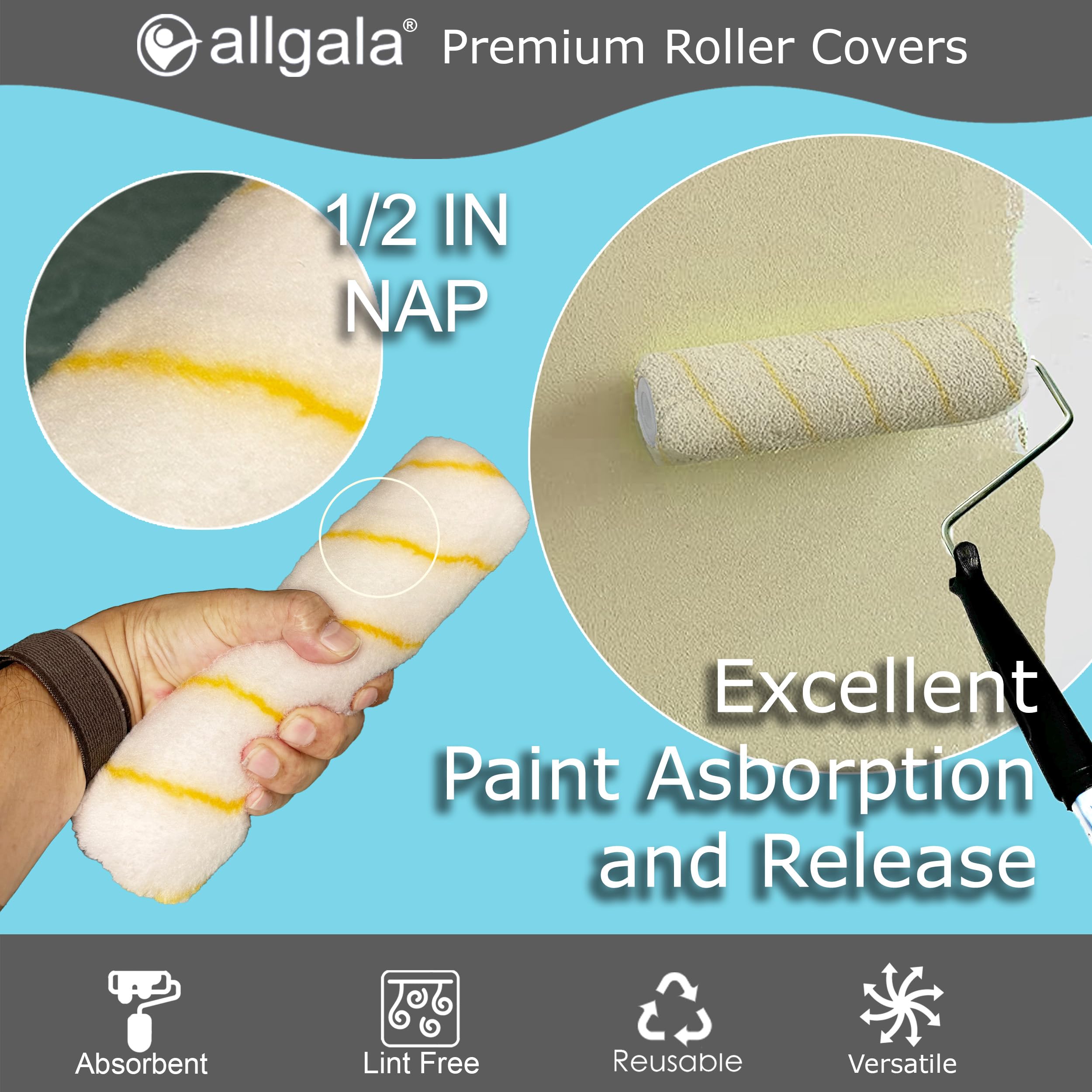 Allgala Paint Roller Covers, 12-Pack 9 Inch Shedless Paint Roller Covers 1/2 Inch Nap, Covers for Paint Roller Frame and Paint Roller Kit