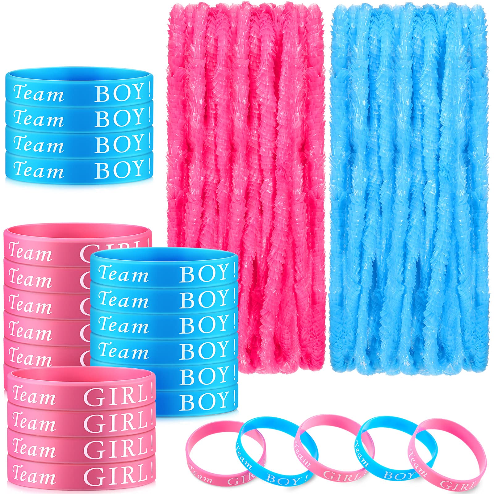 48 Pieces Baby Gender Reveal Decorations Set, 24 Gender Reveal Bracelets and 24 Gender Reveal Leis, Team Boy Team Girl Wristband for Baby Shower Gender Reveal Ideas Party Favor Supplies, Pink and Blue