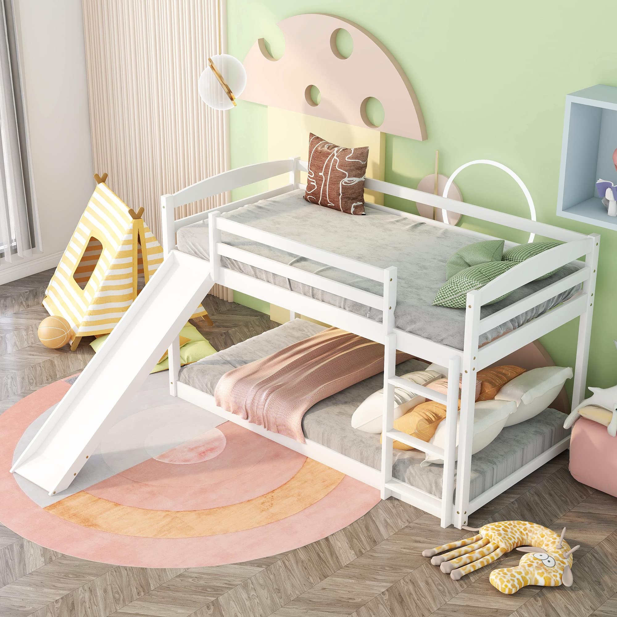 Harper & Bright Designs Bunk Beds Twin Over Twin,Wooden Bunk Bed with Slide, Low Bunk Bed for Kids with Ladder, Floor Bunk Bed Toddler,No Box Spring Needed,White