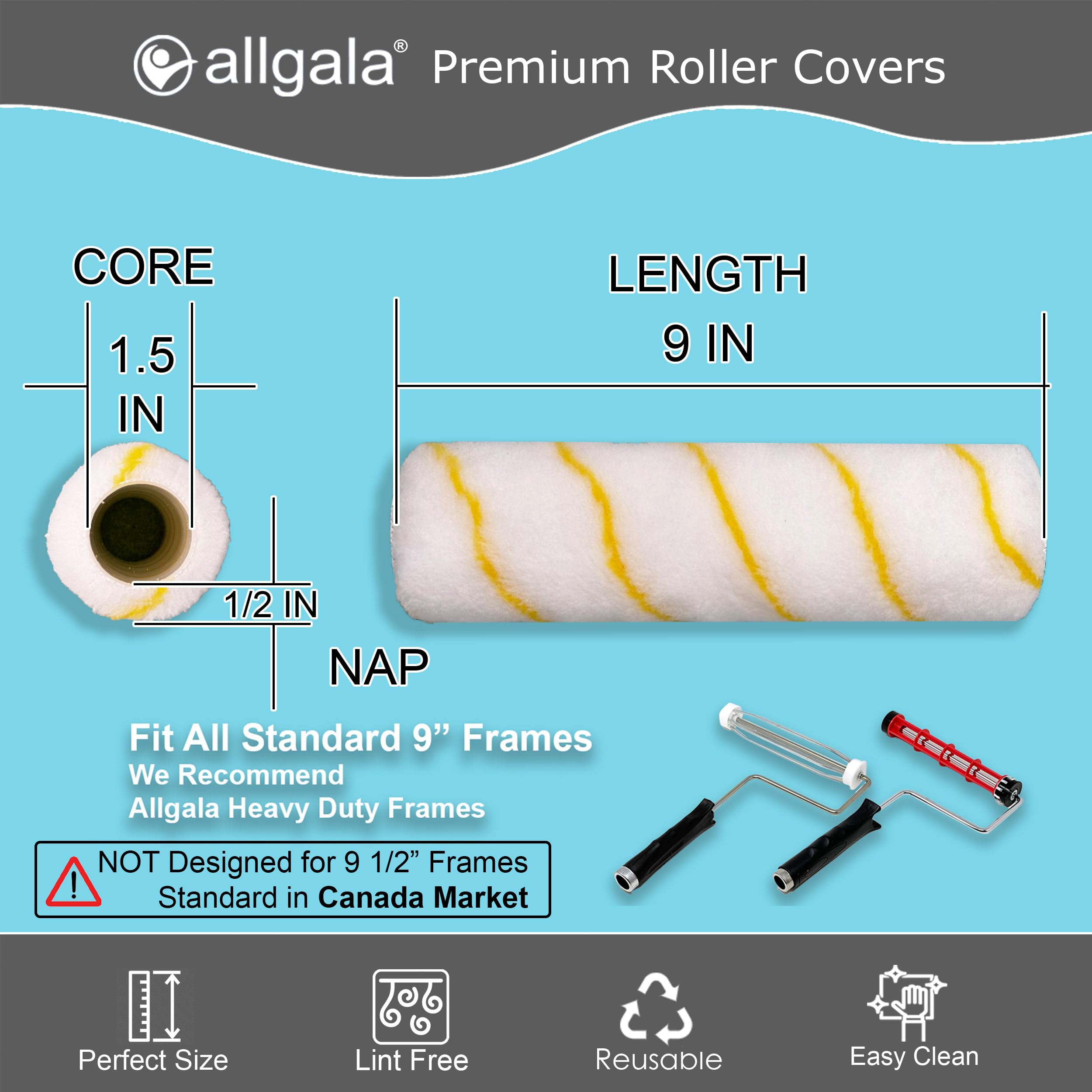 Allgala Paint Roller Covers, 12-Pack 9 Inch Shedless Paint Roller Covers 1/2 Inch Nap, Covers for Paint Roller Frame and Paint Roller Kit