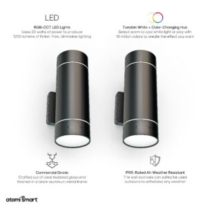 Atomi Smart WiFi LED Wall Sconce Lights - 2 Pack, 1200 Lumens, Dimmable, Premium Aluminum Construction, IP65 All-Weather, Tunable White, Color Changing, Works with Voice Assistance