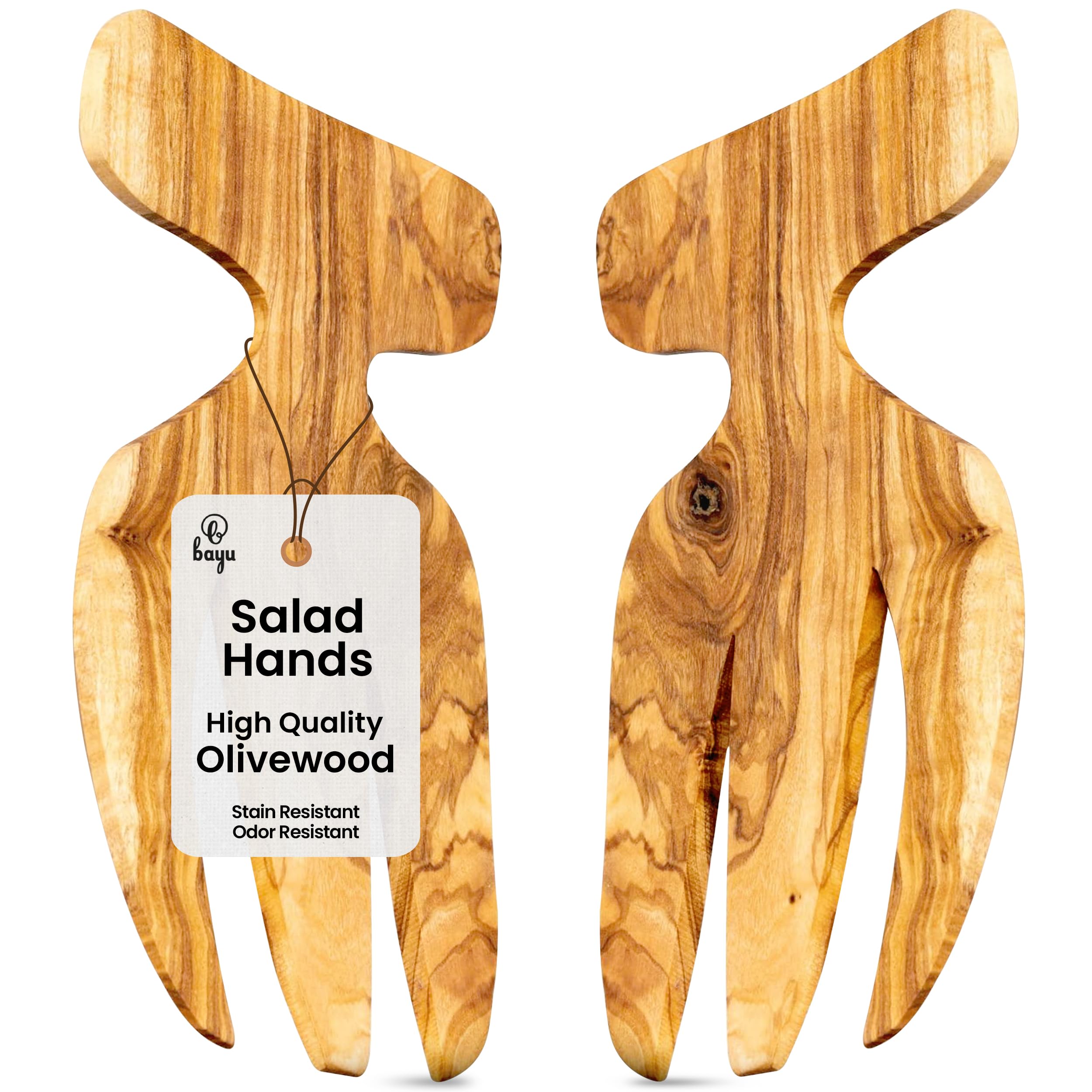 Bayu Olive Wood Handmade Salad Hands - One Pair of Salad Tongs, Salad Servers for Dinner, Wooden Salad Tongs for Salad, Pasta, and More