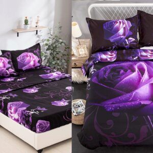 3d purple rose duvet cover sheet set queen, reversible purple rose pattern printed bedding comforter cover with zipper closure, 7 pieces bundle soft microfiber bedding duvet cover sheets set 90"x90"