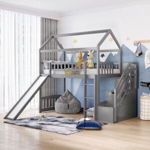 harper & bright designs house bed loft bed with slide, twin loft bed with stairs and storage, wood loft bed frame for kids & girls & boys (gray)