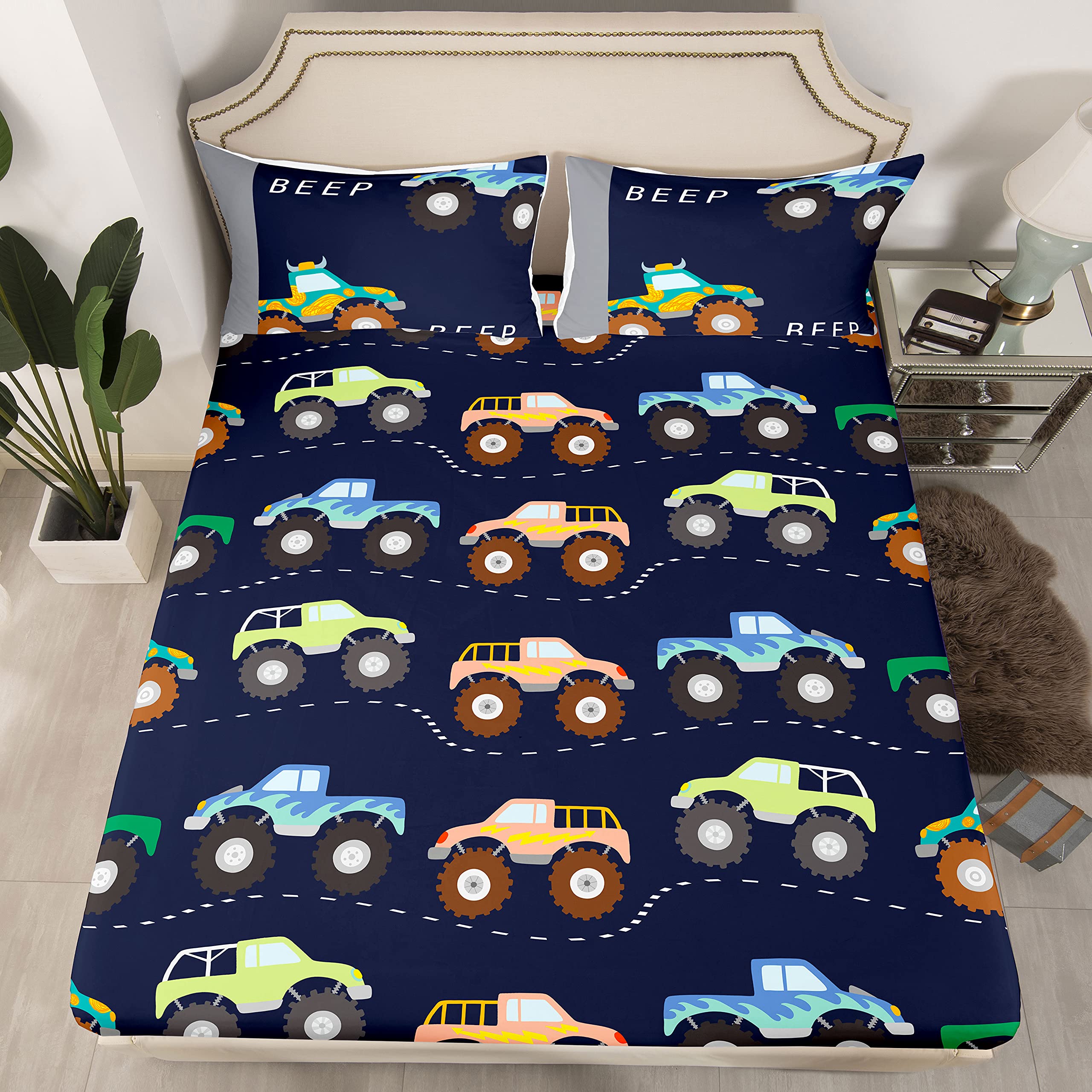 3D Monster Truck Bed Sheet Set Boys Cars Fitted Sheet & Pillow Sham Set for Kids Girls Teens Freestyle Monster Truck Decor Bedding Sheets Blue with 2 Pillowcases 3Pcs Bedding Full