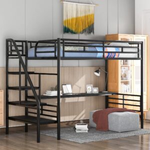 metal loft bed frame for boys girls kids adults toddler with desk, no box spring needed,twin,black