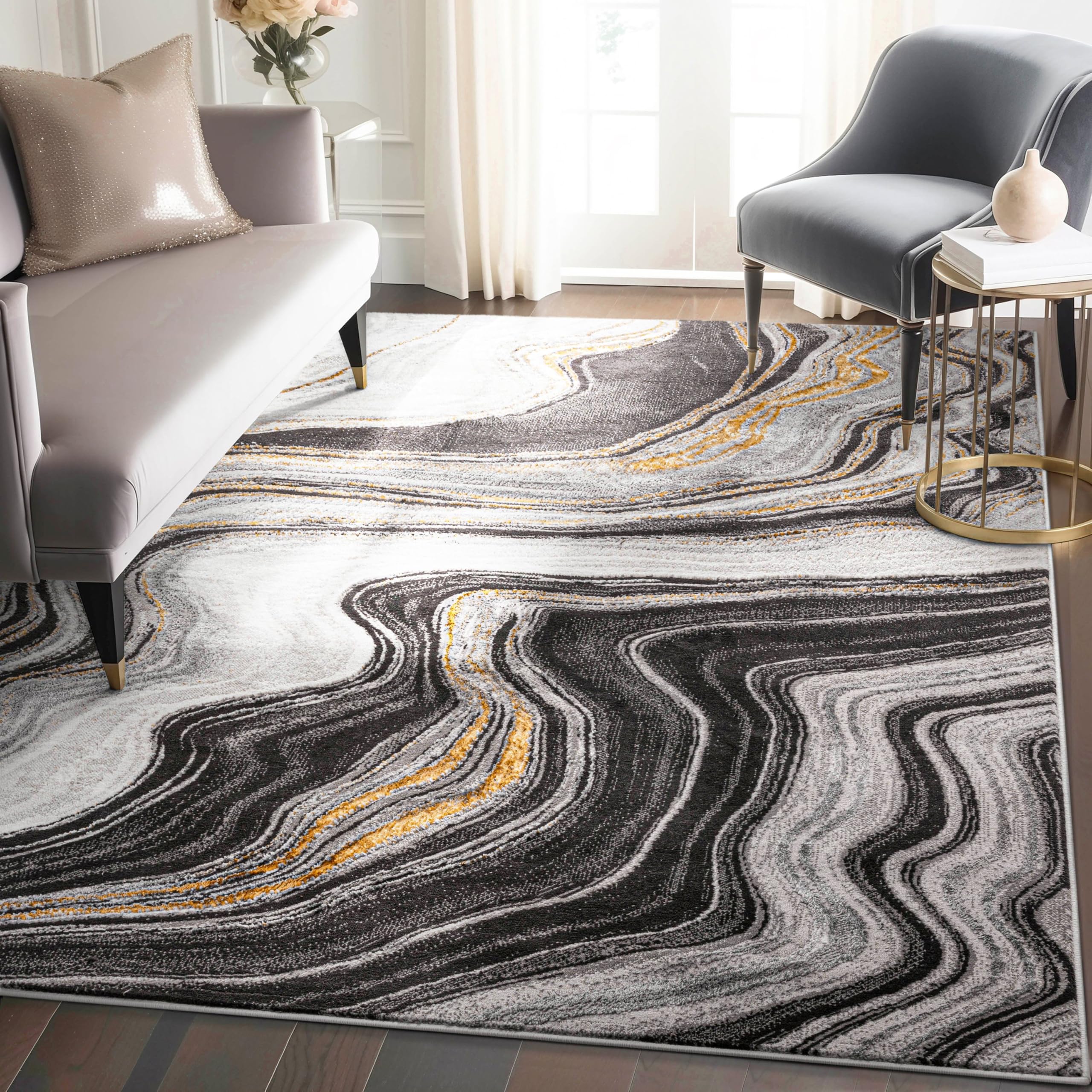 Well Woven Werrick Grey & Gold Striated Marble Pattern Area Rug (5'3" x 7'3")