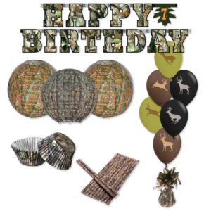 havercamp hunting camouflage birthday party kit (deluxe set; 1 camo birthday banner, 3 lanterns, 36 cupcake foils, 6 buck balloons, 1 balloon weight & 24 straws) next camo birthday party decorations.