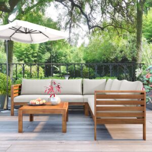 Quarte 4 Piece Outdoor Patio Conversation Furniture Set, Wood Sectional Sofa Set with Water Resistant Cushions/Coffee Table, Garden Backyard Poolside L Shape Corner Sofa Set…