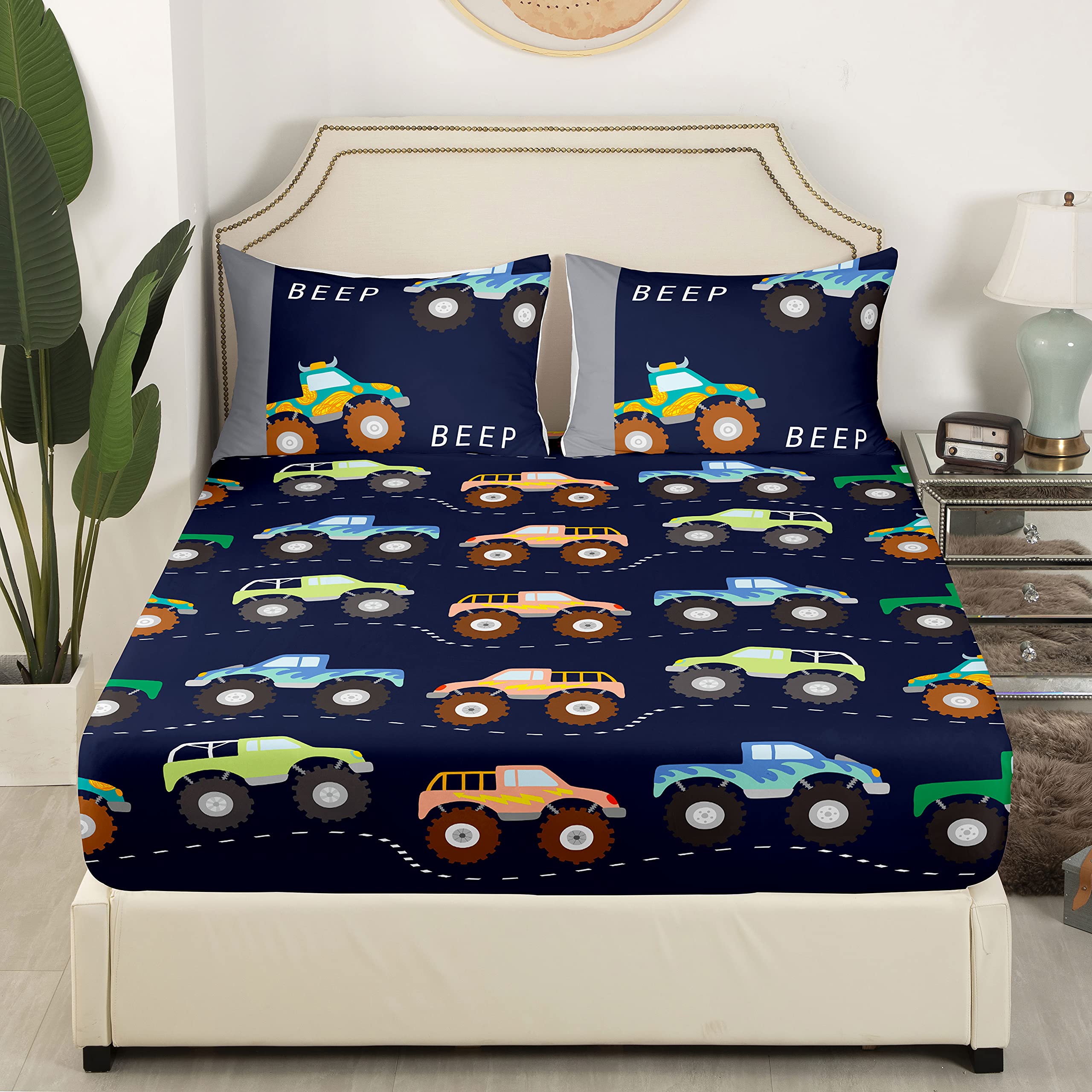 3D Monster Truck Bed Sheet Set Boys Cars Fitted Sheet & Pillow Sham Set for Kids Girls Teens Freestyle Monster Truck Decor Bedding Sheets Blue with 2 Pillowcases 3Pcs Bedding Full