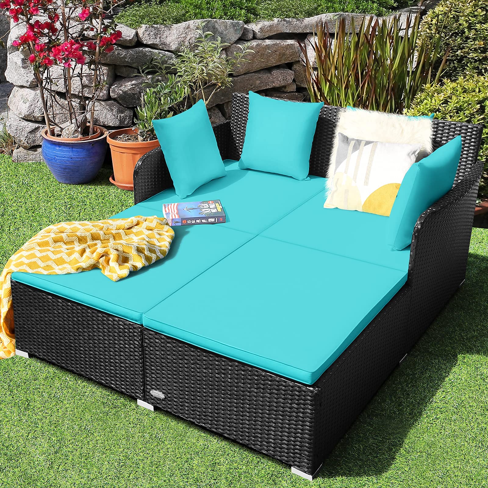 Salches Outdoor Rattan Daybed, Patio Loveseat Sofa Set w/Comfortable Cushions Extra Pillows & Metal Foot, Sunbed Wicker Furniture for Yard/Poolside/Living Room/Garden/Porch, 1, Turquoise