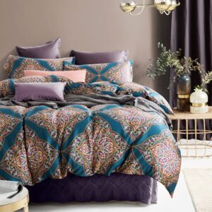 Get Bed Ready Venetian Damask Bohemian Paisley Duvet Cover Set Boho Chic Watercolor Medallion 400TC Egyptian Cotton Sateen Luxury Style Bed Linen (Teal, King)