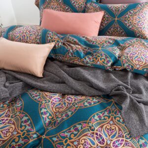 Get Bed Ready Venetian Damask Bohemian Paisley Duvet Cover Set Boho Chic Watercolor Medallion 400TC Egyptian Cotton Sateen Luxury Style Bed Linen (Teal, King)