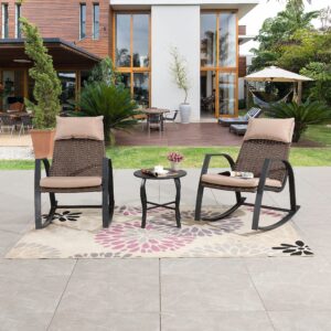 LOKATSE HOME 3 Pieces Outdoor Bistro Set Patio Wicker Furniture Rattan Rocking Chairs with Cushion & Coffee Table, Khaki